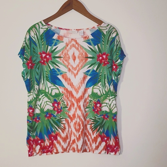 Chico's | Tops | Chicos Size 2large Tropical Floral Ikat Print Cap ...